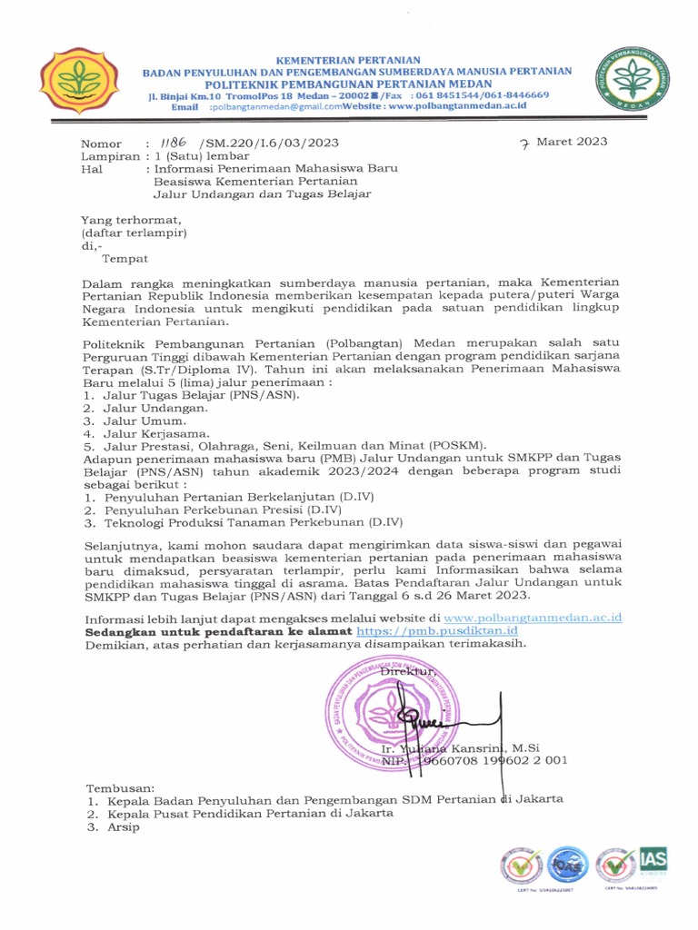 Informasi PMB Beasiswa Kementan | PDF