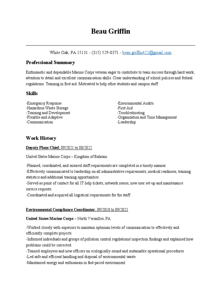 Beau Griffin Psuga Resume | PDF | United States Marine Corps