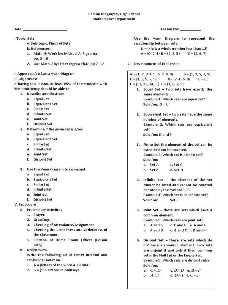 Lesson Plan in Kinds of Sets | PDF | Set (Mathematics) | Mathematics
