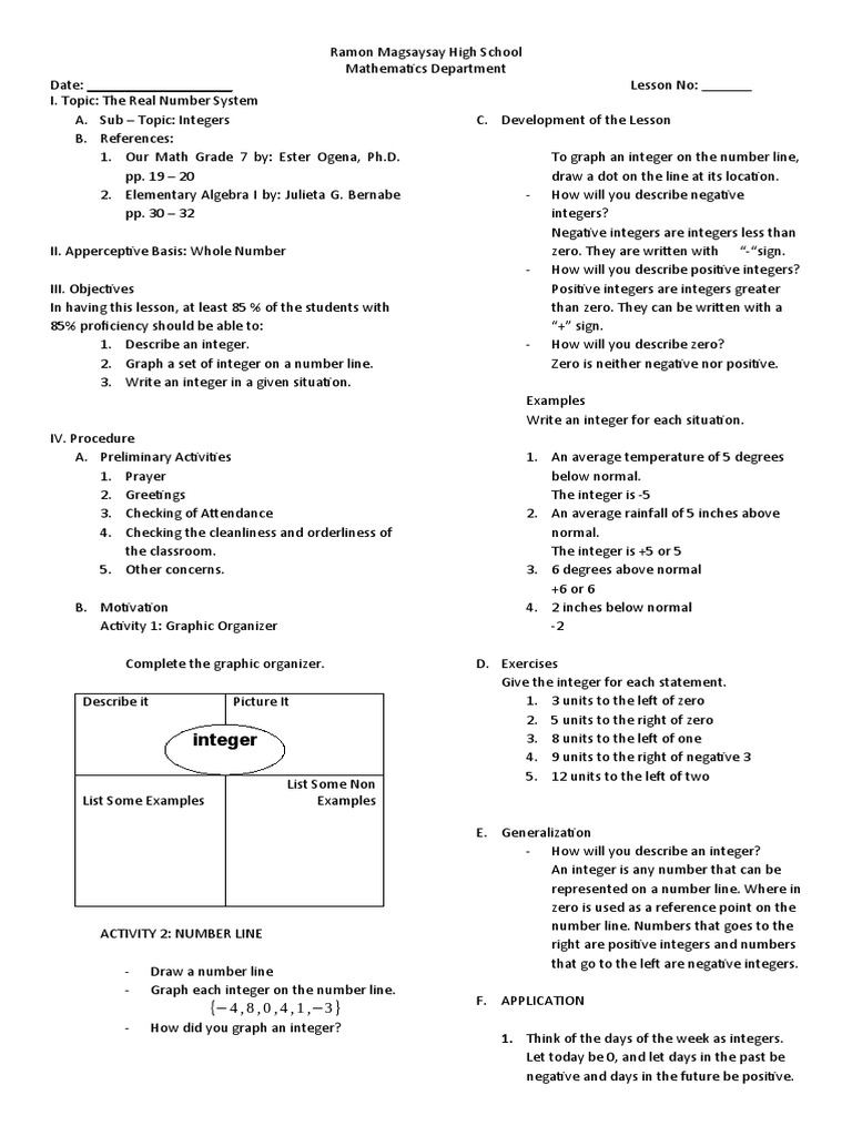 Lesson Plan in Introduction On Set | PDF | Integer | Numbers