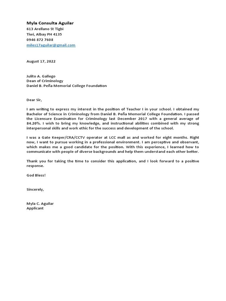 A Well-Qualified Applicant's Letter Expressing Interest in a Teaching ...