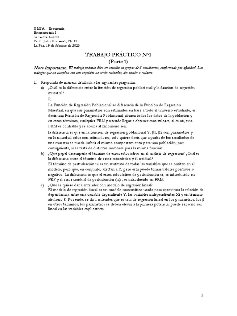 Econometria Practica | PDF | Mínimos cuadrados ordinarios | Regresión lineal