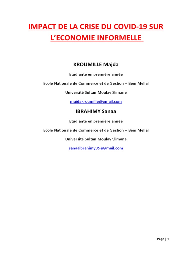 Impact du COVID-19 sur l'économie informelle | PDF | Maroc | Économie