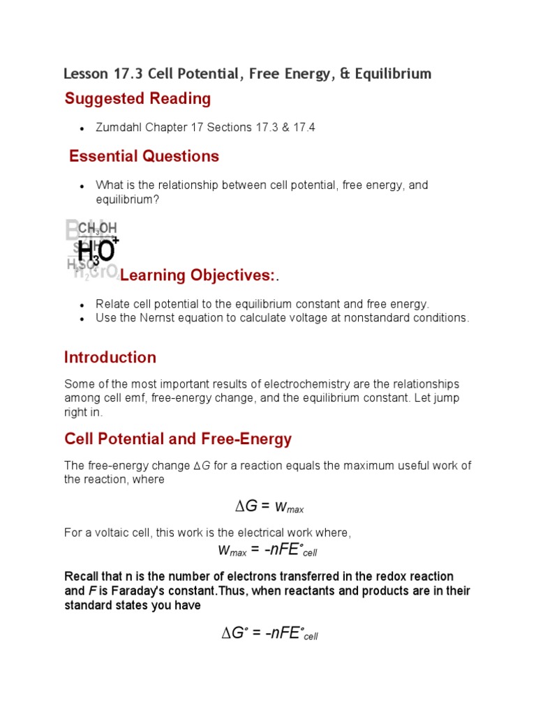 Lesson 17.3 Cell Potential Free Energy and Equilibrium | Download Free PDF | Gibbs Free Energy ...
