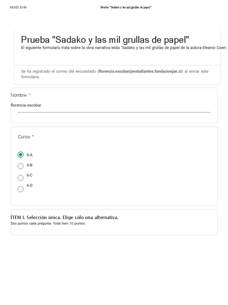 Prueba - Sadako y Las Mil Grullas de Papel - Formularios de Google | PDF