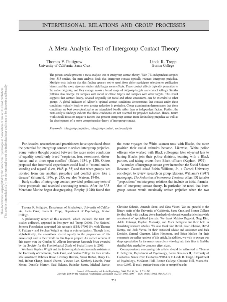 Pettigrew Intergroup Contact Theory PDF | PDF | Prejudices | Science