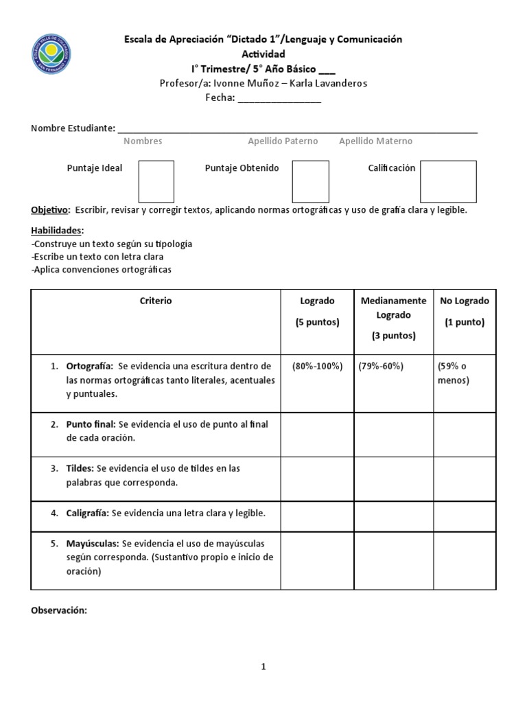 Escala de Apreciación Dictado 5° | PDF