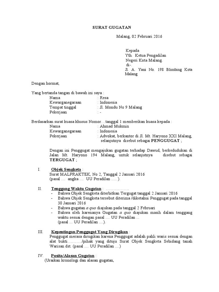 Tamplate Surat Gugatan | PDF