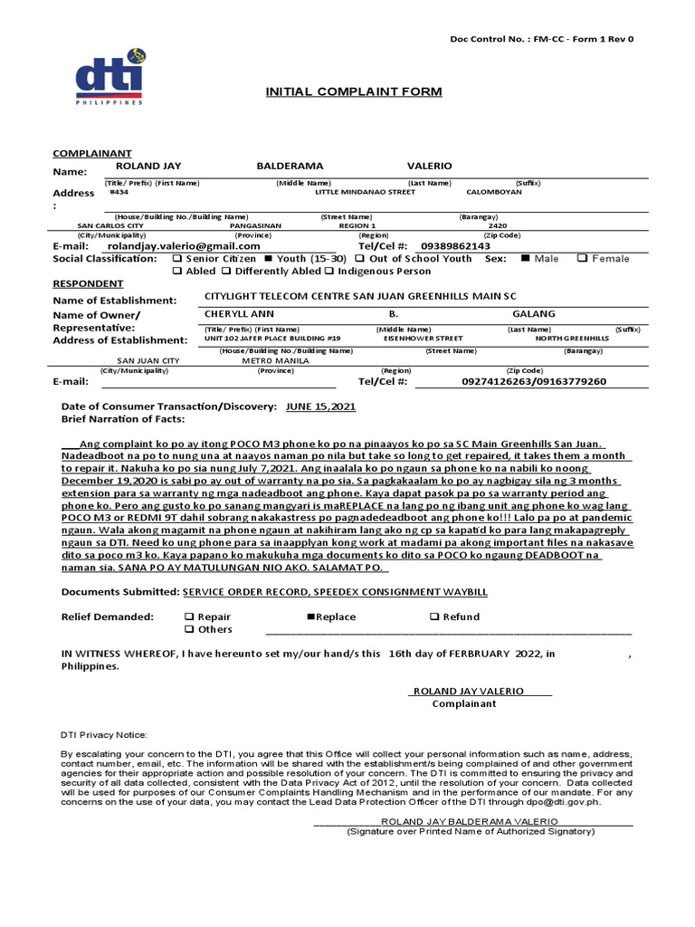 Initial Complaint Form With Data Privacy | PDF
