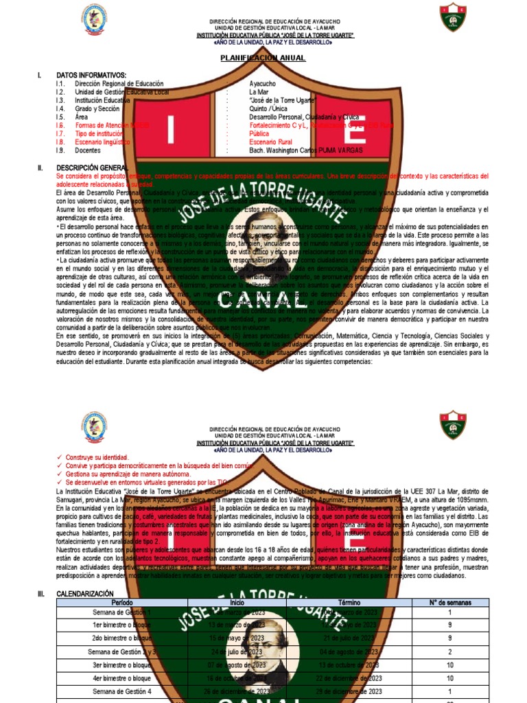 Planificación Anual 5° DPCC 2023 | Descargar gratis PDF | Evaluación | Derechos humanos