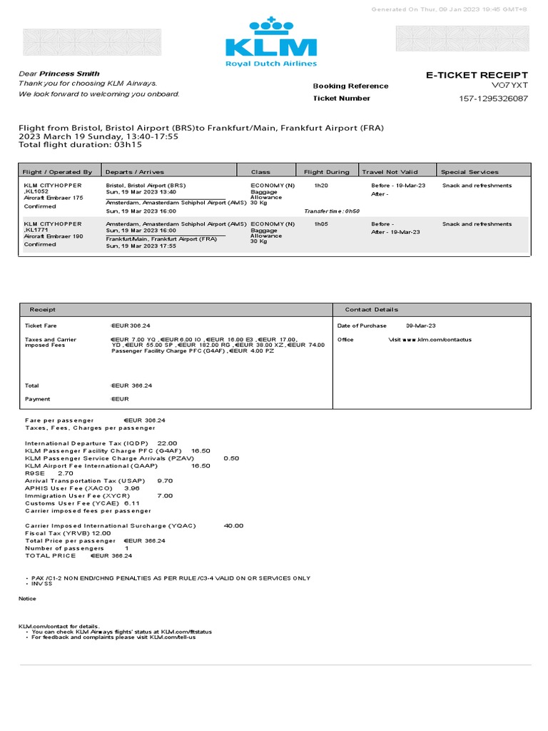 KLM Airways Flight Itinerary and Receipt from Bristol to Frankfurt ...