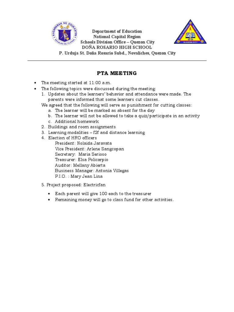 First PTA Meeting Minutes Summary | PDF | Wellness