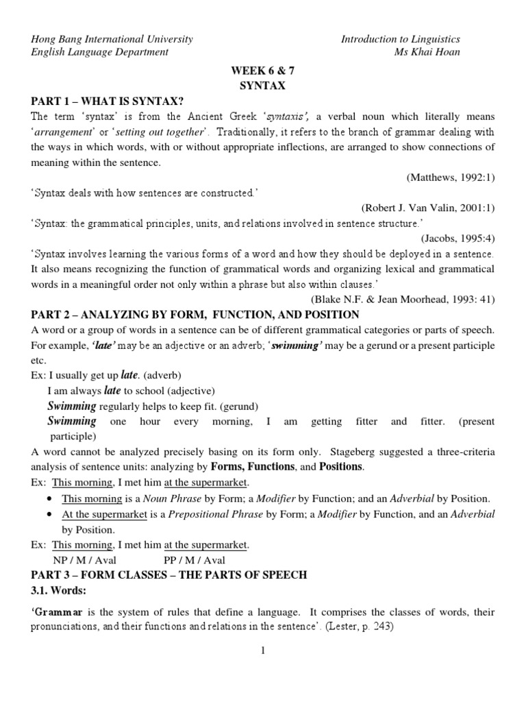 Intro-to-Ling-W67-Syntax-handout | PDF | Part Of Speech | Adverb