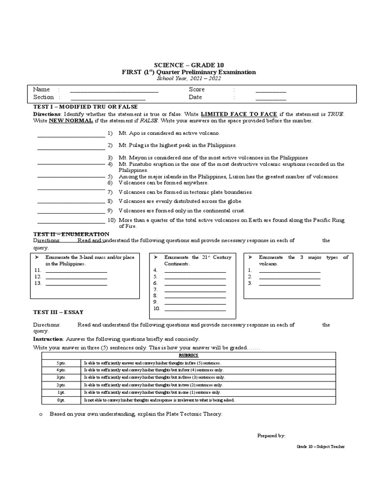 Grade 10 Science Exam: Volcanoes & Tectonics | PDF | Career & Growth