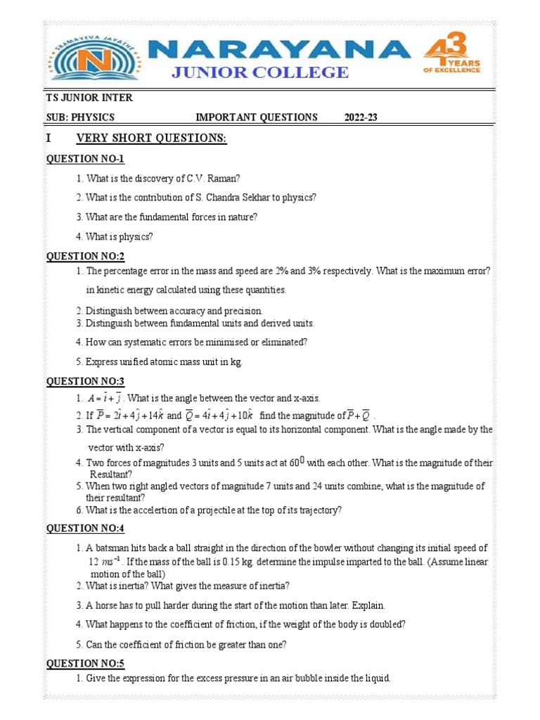 TS - JR - Physics Imp - Questions 2022-23 PDF | PDF | Collision | Rotation Around A Fixed Axis