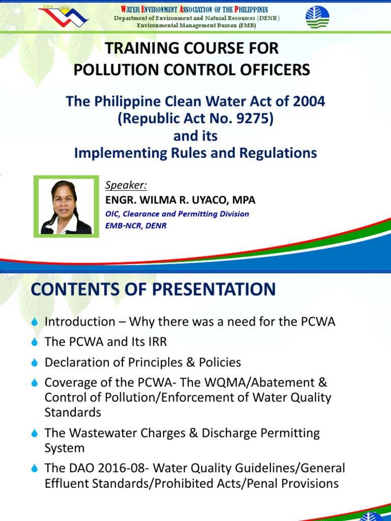 7.RA 9275 Phil - Clean Water Act Engr. Wilma Uyaco | PDF | Sewage ...