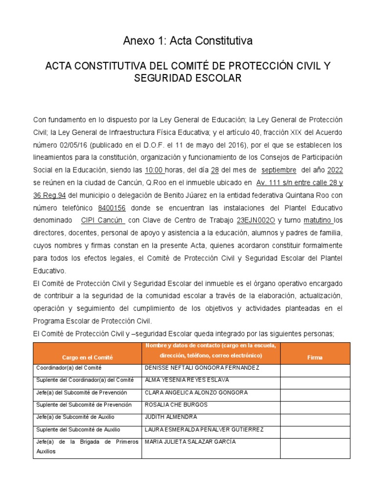 Anexo 1: Acta Constitutiva: Acta Constitutiva Del Comité de Protección Civil Y Seguridad Escolar ...