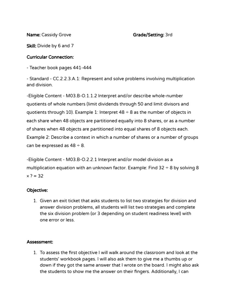 Practicum Lesson Plan #1 | PDF | Division (Mathematics) | Teachers