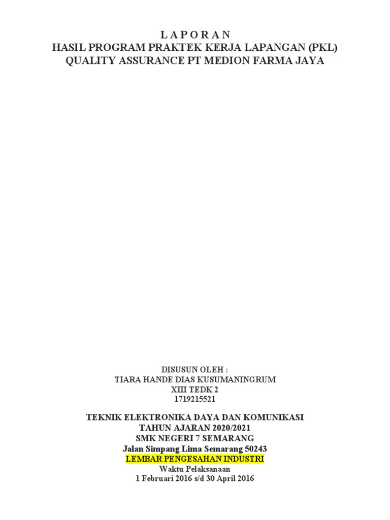 Laporan Hasil Program Praktek Kerja Lapangan (PKL) Quality Assurance PT Medion Farma Jaya | PDF