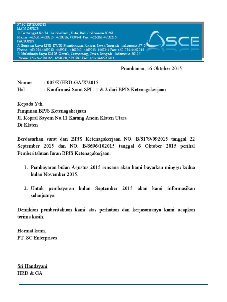 Draft Surat Ke Bpjs TK | PDF