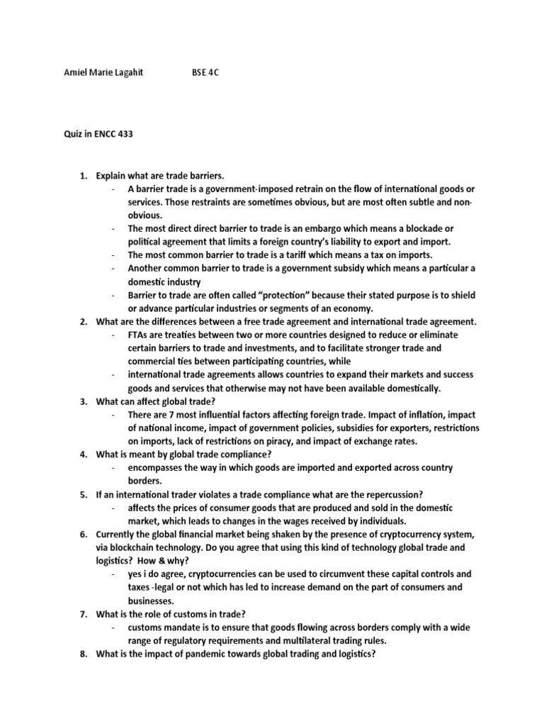 Quiz in Encc 433 | PDF | Exports | Trade