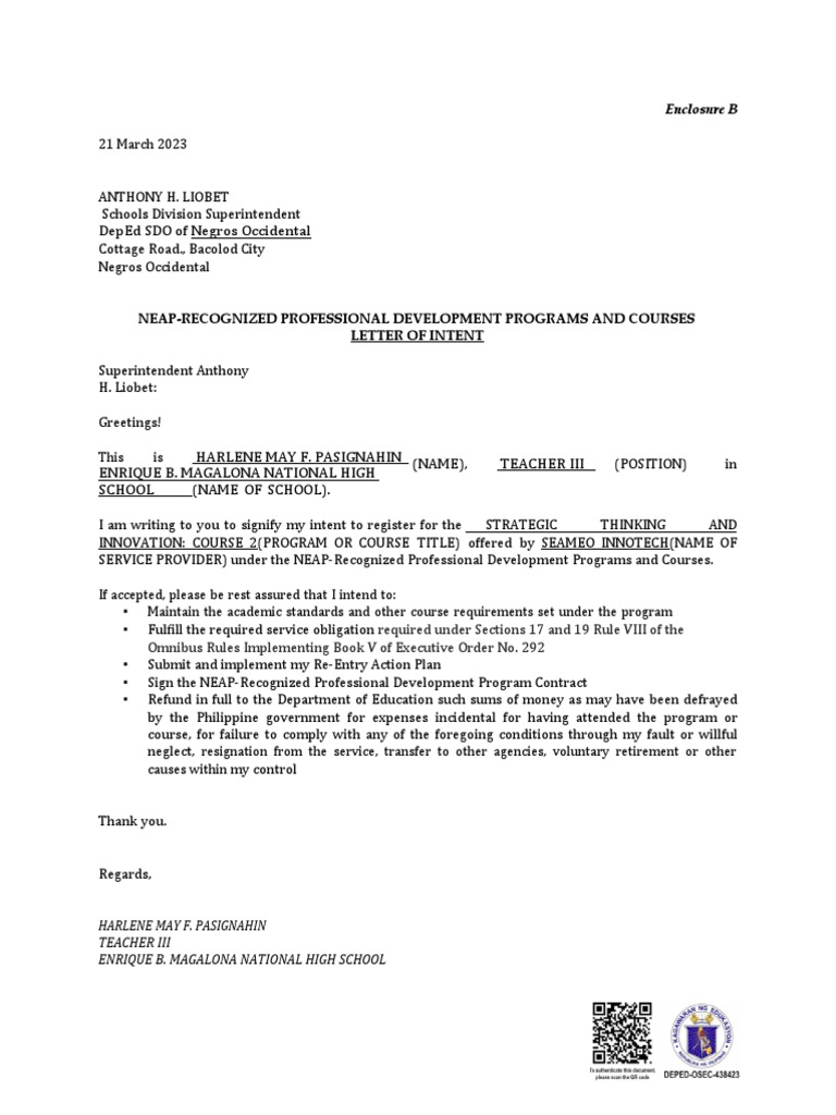 Scholars Letter of Intent - PASIGNAHIN - HARLENEMAY | PDF | Career & Growth