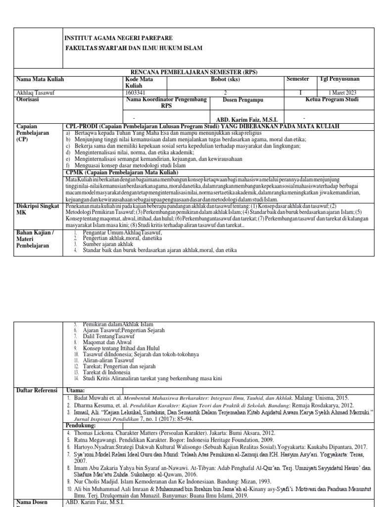 RPS Mata Kuliah Ilmu Ahlak PDF | PDF