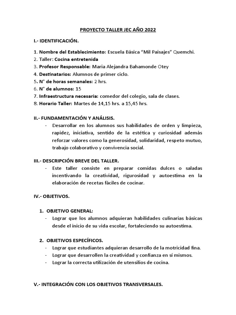 PROYECTO TALLER JEC Cocina | PDF | Crecimiento personal y profesional
