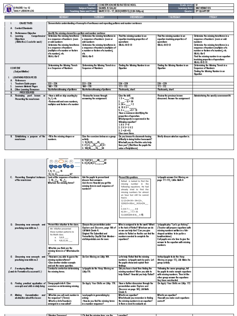 DLL - Mathematics 4 - Q3 - W5 | PDF | Numbers | Mathematics