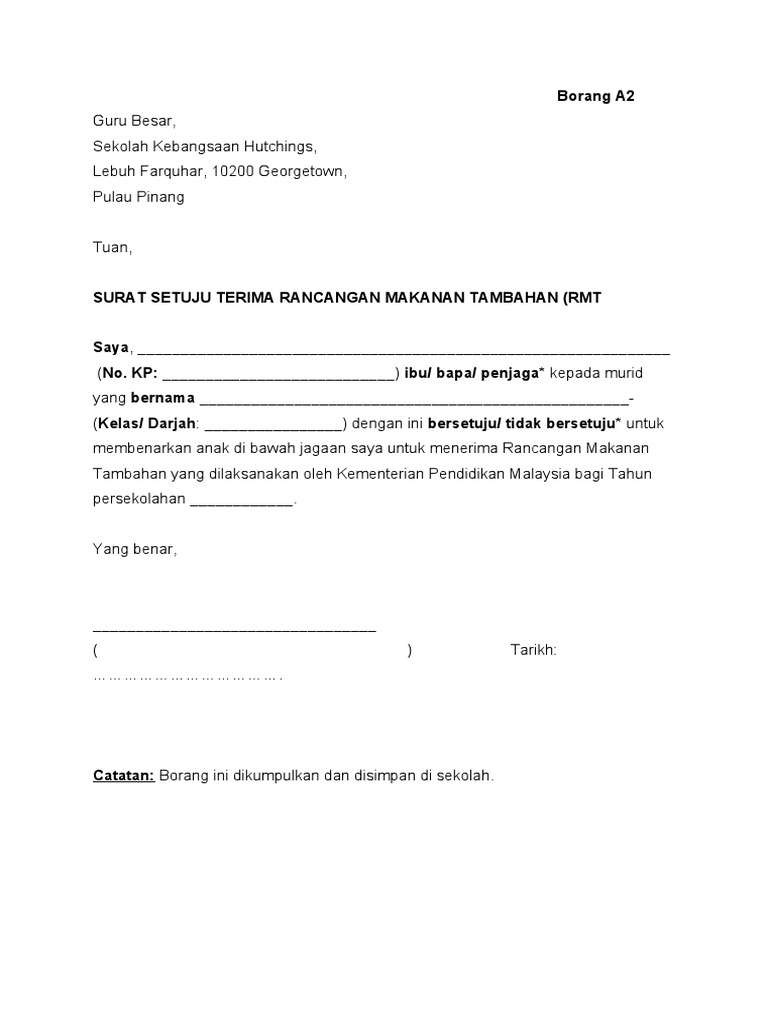 BORANG A2 - Surat Setuju Terima RMT Ibu Bapa | PDF