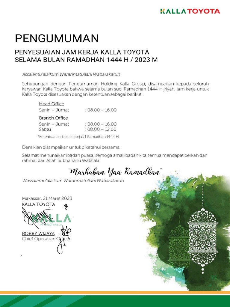 Pengumuman Penyesuaian Jam Kerja Selama Ramadhan 2023 - HO DAN CAB ...