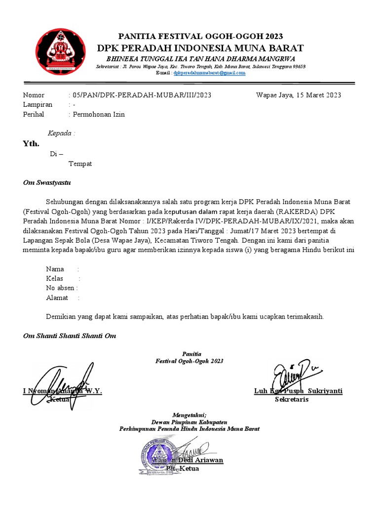 DPK Peradah Indonesia Muna Barat: Panitia Festival Ogoh-Ogoh 2023 | PDF