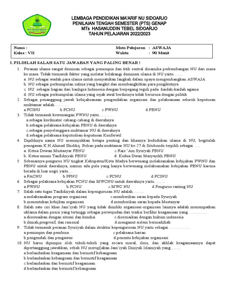 SOAL ASWAJA PTS GENAP KLS 7 2022-2023 - Jazila Ziyad | PDF | Karier & Perkembangan