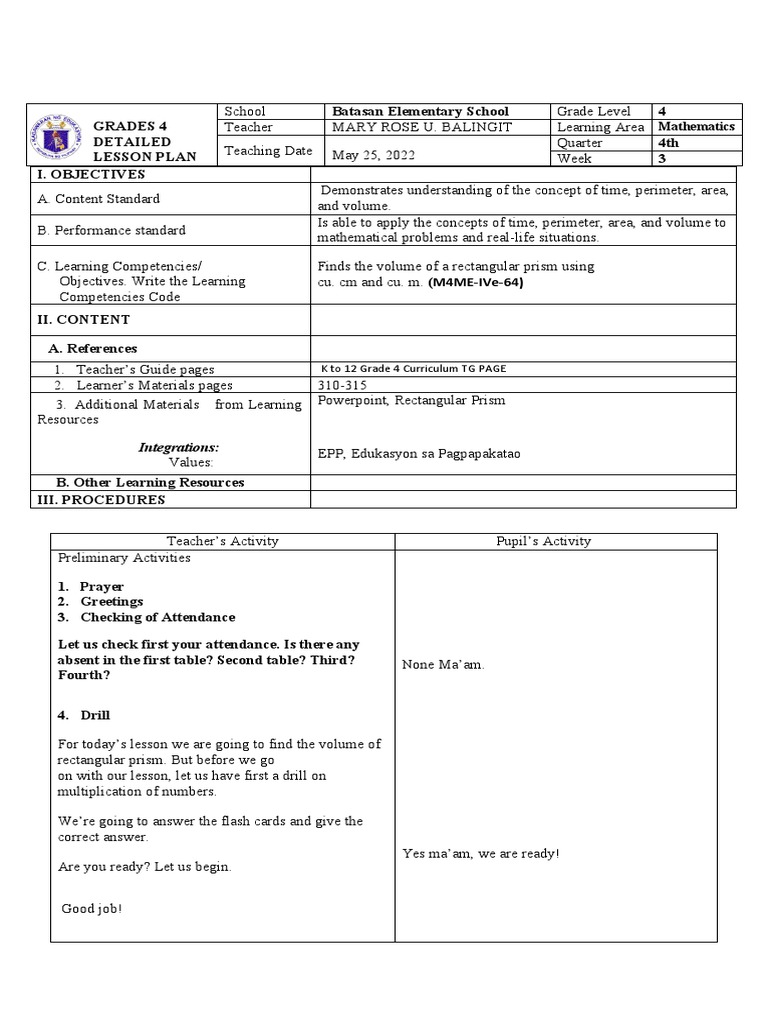 Grade 4 Volume of Rectangular Prisms Lesson | PDF | Volume | Learning