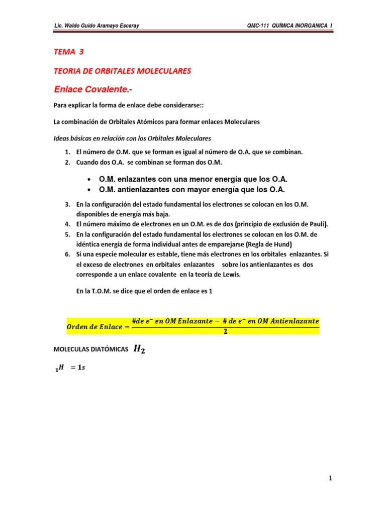 Teoría de Orbitales Moleculares | PDF | Enlace químico | Orbital Molecular