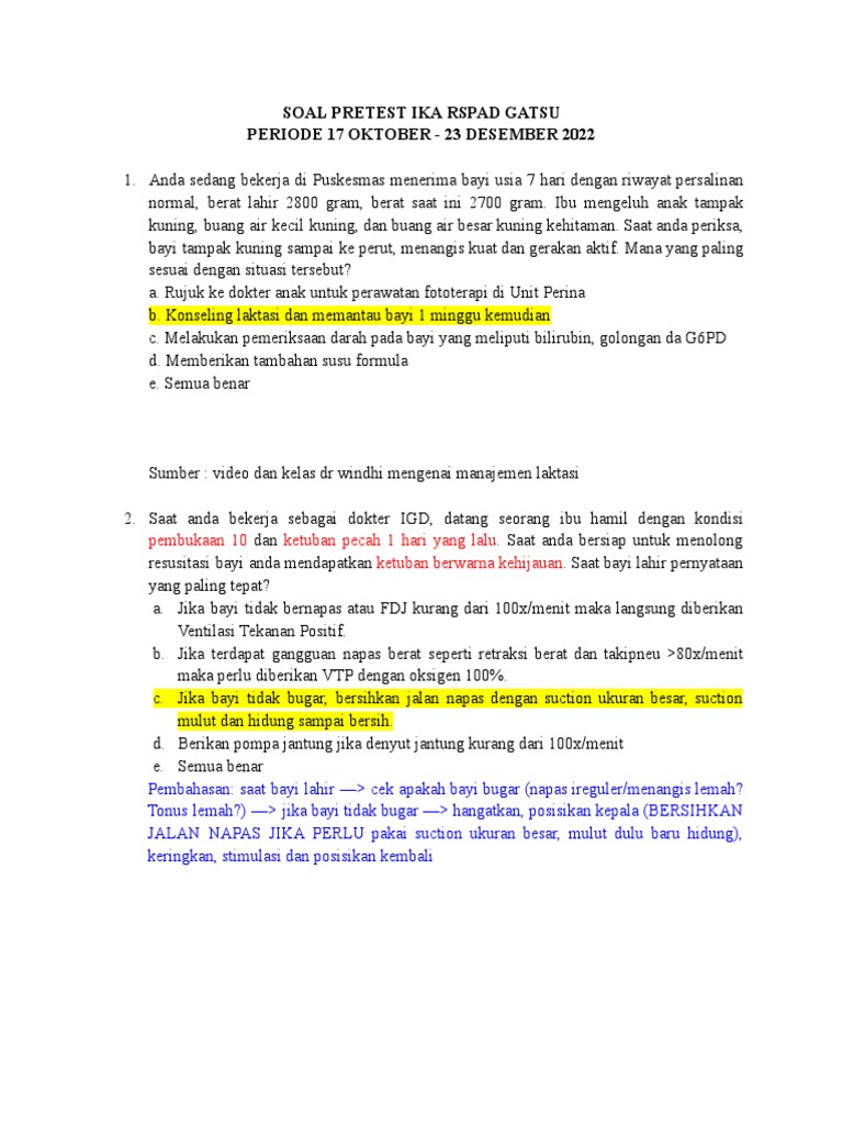 Soal Pretest IKA RSPAD Gatsu 2022 | PDF