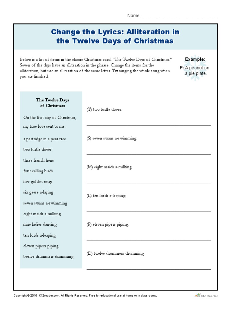 Change The Lyrics Alliteration in The Twelve Days of Christmas6-8 | PDF