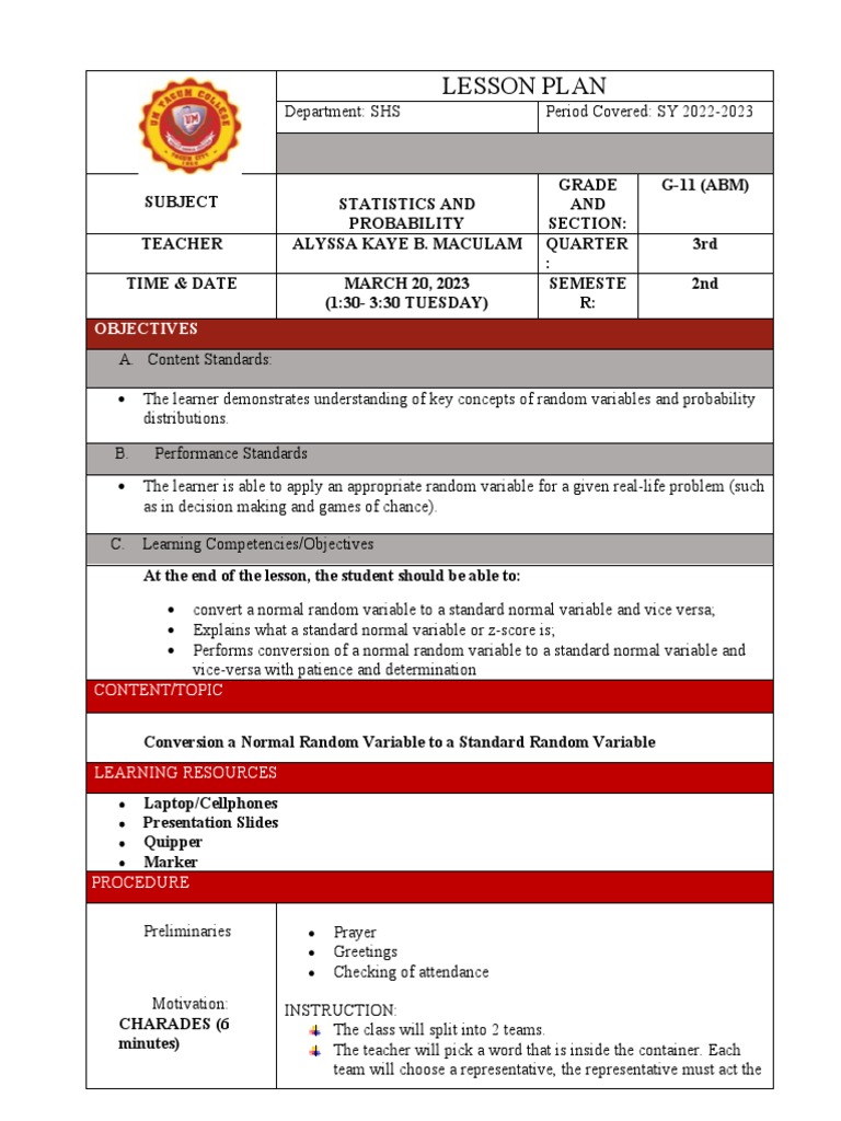 Lesson Plan Yuem SHS | Download Free PDF | Mathematics | Standard Deviation