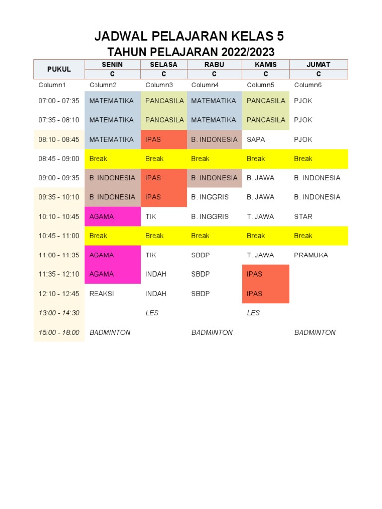 Jadwal Pelajaran Kelas 5 | PDF