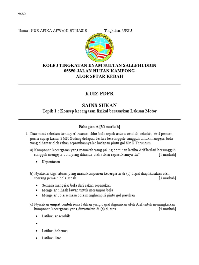 Kuiz Sains Sukan 1 PDPR | PDF