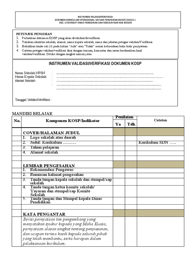INSTRUMEN Validasi KOSP MANDIRI BELAJAR | PDF