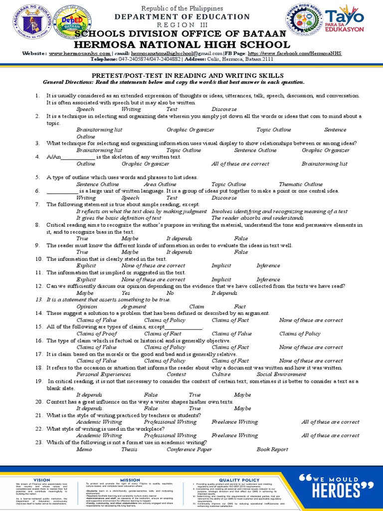 Pretest Post Test in Reading and Writing | PDF | Essays | Argument