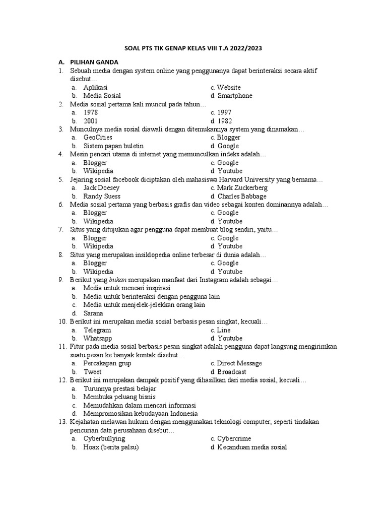 Soal Pts Tik Genap Kelas Viii 2022 2023 | PDF
