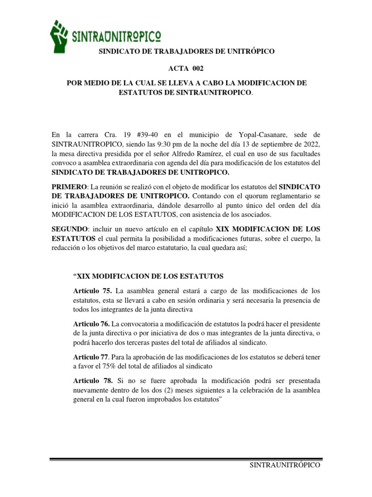 Acta 002 Modificación de Estatutos | PDF | Gobierno