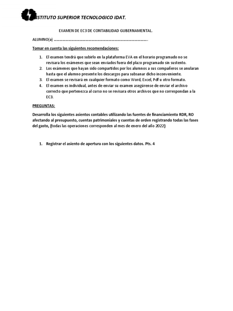 Examen de Ec3 de Contabilidad Gubernamental | PDF | Presupuesto | Contabilidad