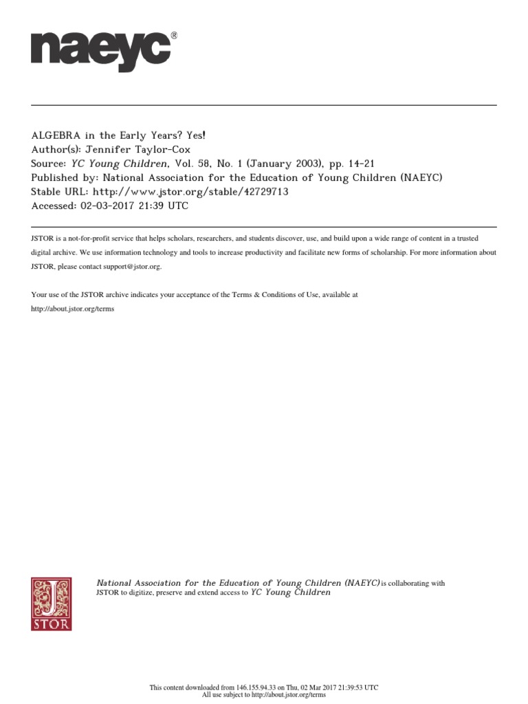 NAEYC. Algebra in Early Years | PDF | National Council Of Teachers Of ...