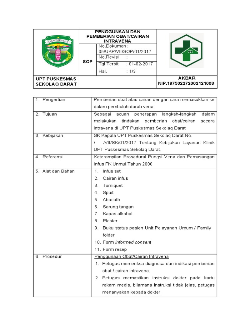 7.6.3.1 SOP Pemberian Obat Dan Cairan Intravena | PDF