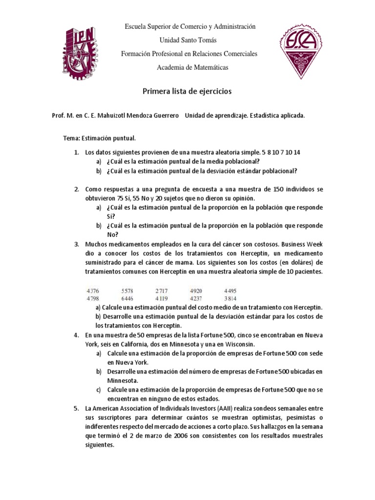 Primera Lista de Ejercicios-Esta Aplicada | PDF | Intervalo de confianza | Desviación Estándar