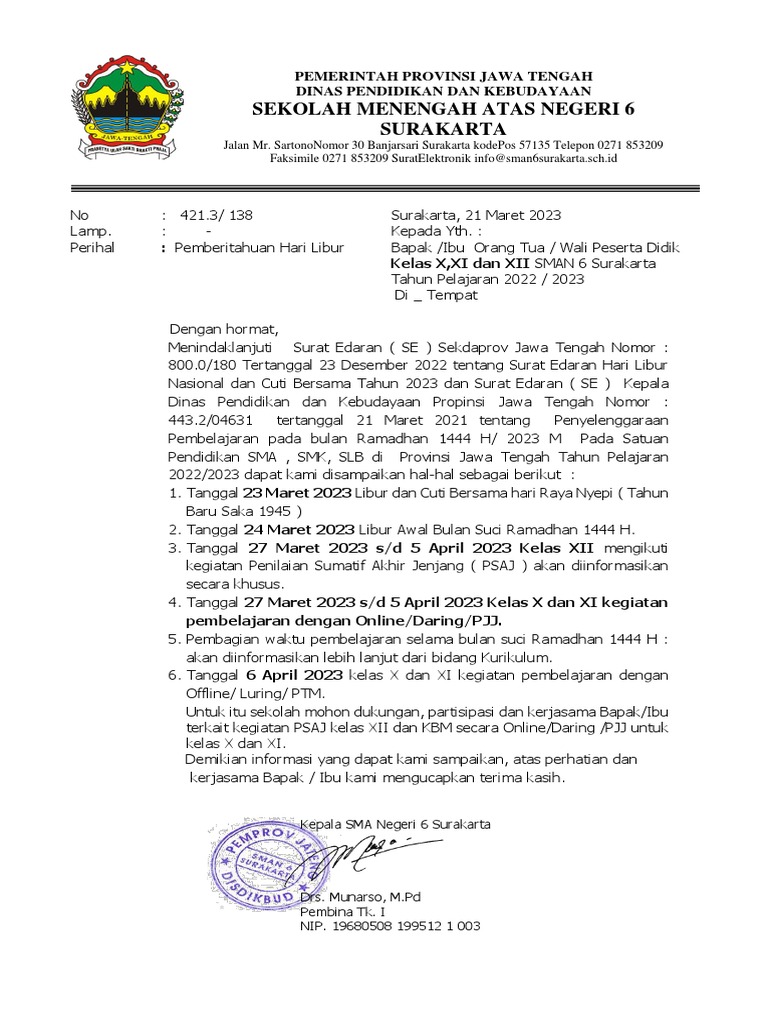 Surat Pemberitahuan Libur KBM X-Xi-Xii 2023 PDF | PDF