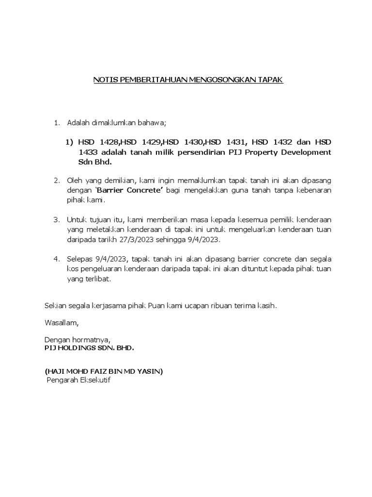 Deraf Notis Pengosongan Tapak | PDF